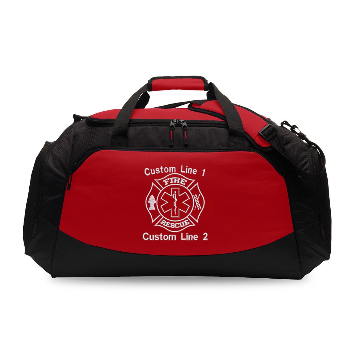 Customized Red and Black Duffle Bag with Rescue Embroidery ...