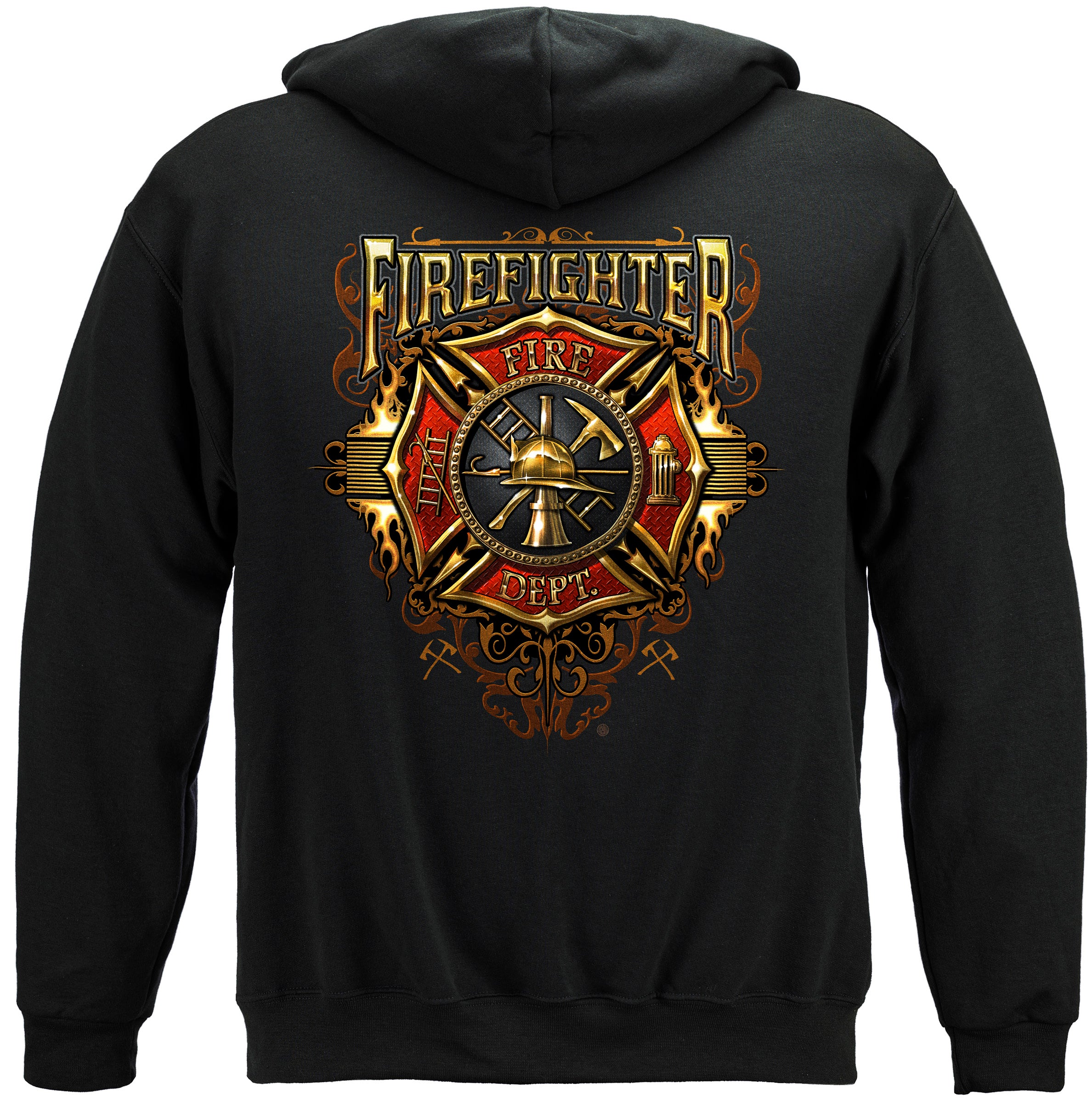 Firefighter Flames Gold Sield Hooded Sweat Shirt | Firefighter.com